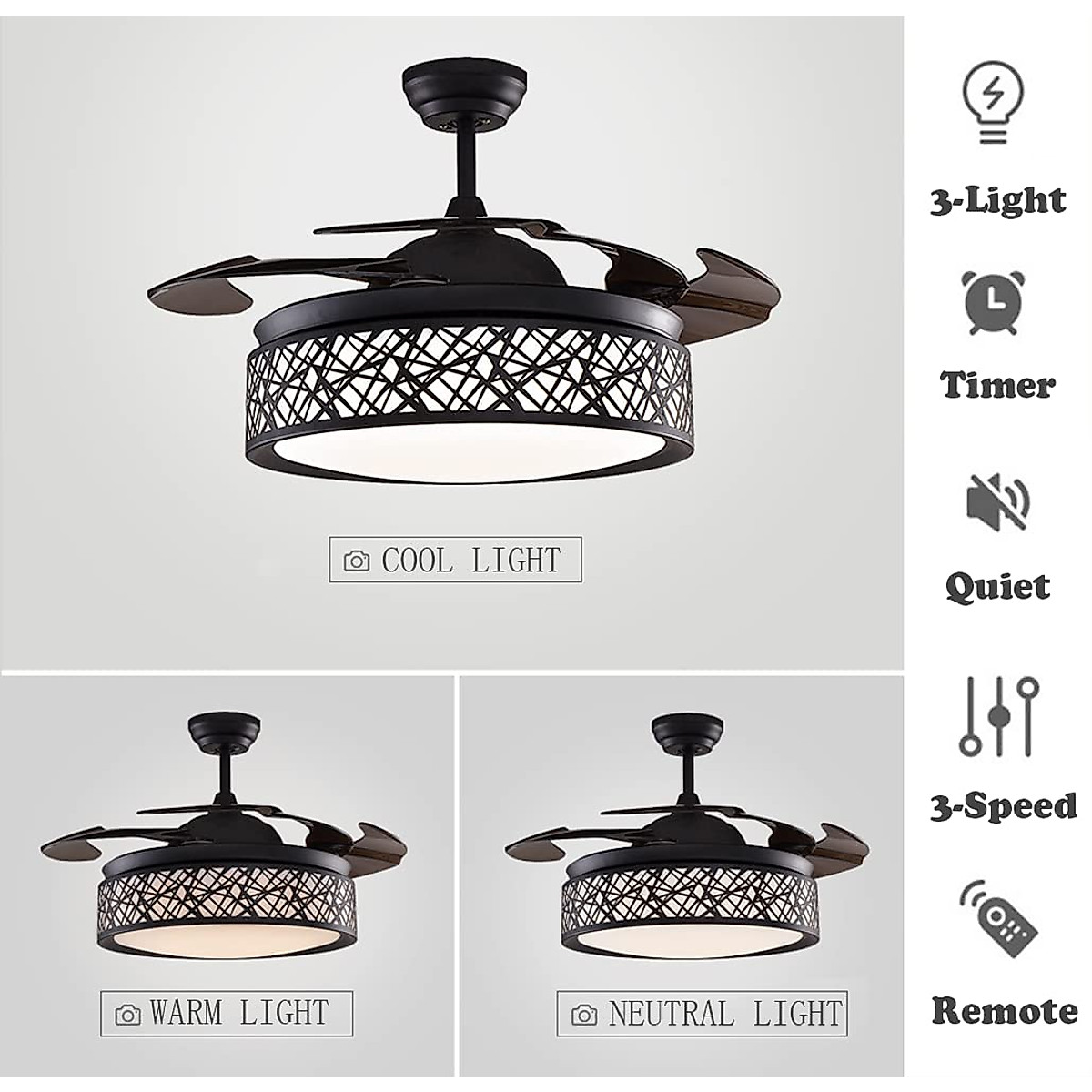 Fandian 42In Modern Ceiling Fan with Lights Remote Control Chandelier Lighting Fixtures Silent Retractable Blades, 3 Light Colors, Black Bird Nest Fandelier for Living Room, Bedroom
