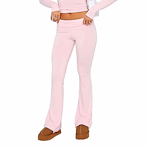 Sumleno Women Y2k Skinny Pants Flare Leggings Low Rise Fold Over Waist Bootcut Stretchy Yoga Sweatpants Lounge Streetwear (Light Pink,S)