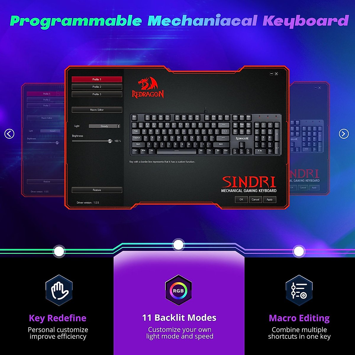Redragon Mechanical Gaming Keyboard Wired, 11 Programmable Backlit Modes, Hot-Swappable Red Switch, Anti-Ghosting, Double-Shot PBT Keycaps, Light Up Keyboard for PC Mac