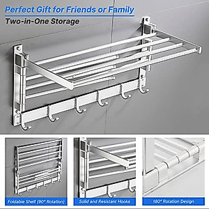 Juselove Wall-Mounted Drying Rack – Drying Rack with Broom Holder and Laundry Bag – Multifunctional Clothing Drying Rack with Swing Arms and Hooks – Space-Saving Laundry Rack for Clothes, Towels