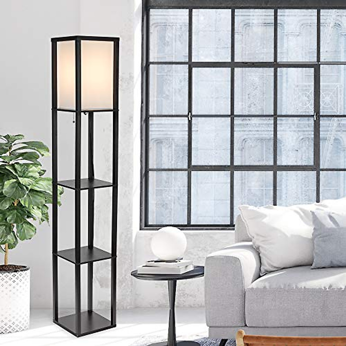 Catalina Lighting 17559-011 Modern Faux Wood Floor Lamp with Shelves and Ivory Linen Shade, 63", Classic Black