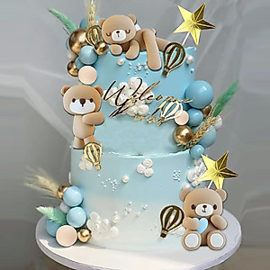 Bear Cake Toppers Bear Balls Cake Decorations with BABY Letters for Boy Girl Baby Shower Birthday Party Decorations (Blue)