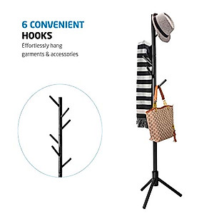 ZOBER Coat Rack Freestanding - Wooden 6 Hanger Clothing Rack with Modern Hooks for Bag, Hat, Jacket, Purse, Umbrella - Standing Hat Rack Coat Hanger for Entryway - Black