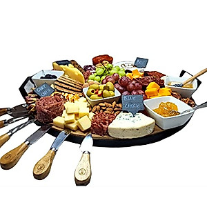 LIVMORE Large Round Wooden Tray Solid Serving with Handle Acacia Wood Circle Platter Decorative Charcuterie Cheese Board Oversized Ottoman Home Breakfast Tea Coffee Fruit Party Dinner