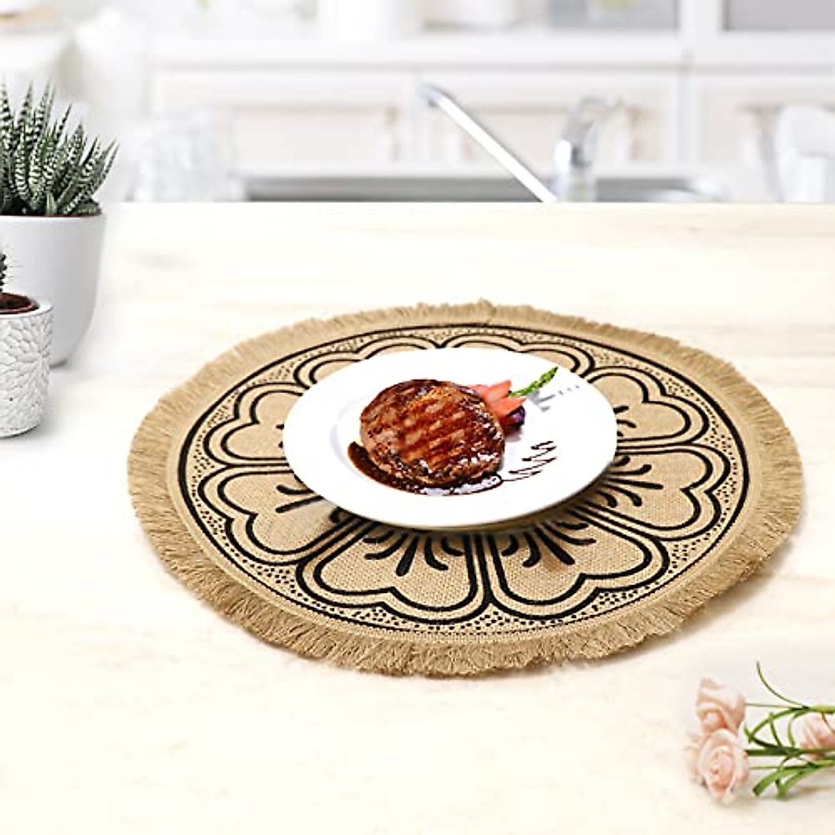 Round Burlap Woven Placemats Set of 6 15-Inch Jute Table Mats with Fringe Pompom Reusable Boho Farmhouse Rustic Place Mats for Parties Weddings Holiday Farmhouse Coffee Bar Decor (Style 5)