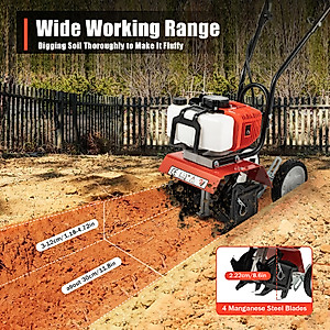 Rototiller Tiller Cultivator, 52CC 2-Stroke Forward Swivel Compact Fork Tiller Gas Motor Cultivator Premium Steel Adjustable Forward Swivel Tine for Garden & Lawn, Digging & Soil Tillage