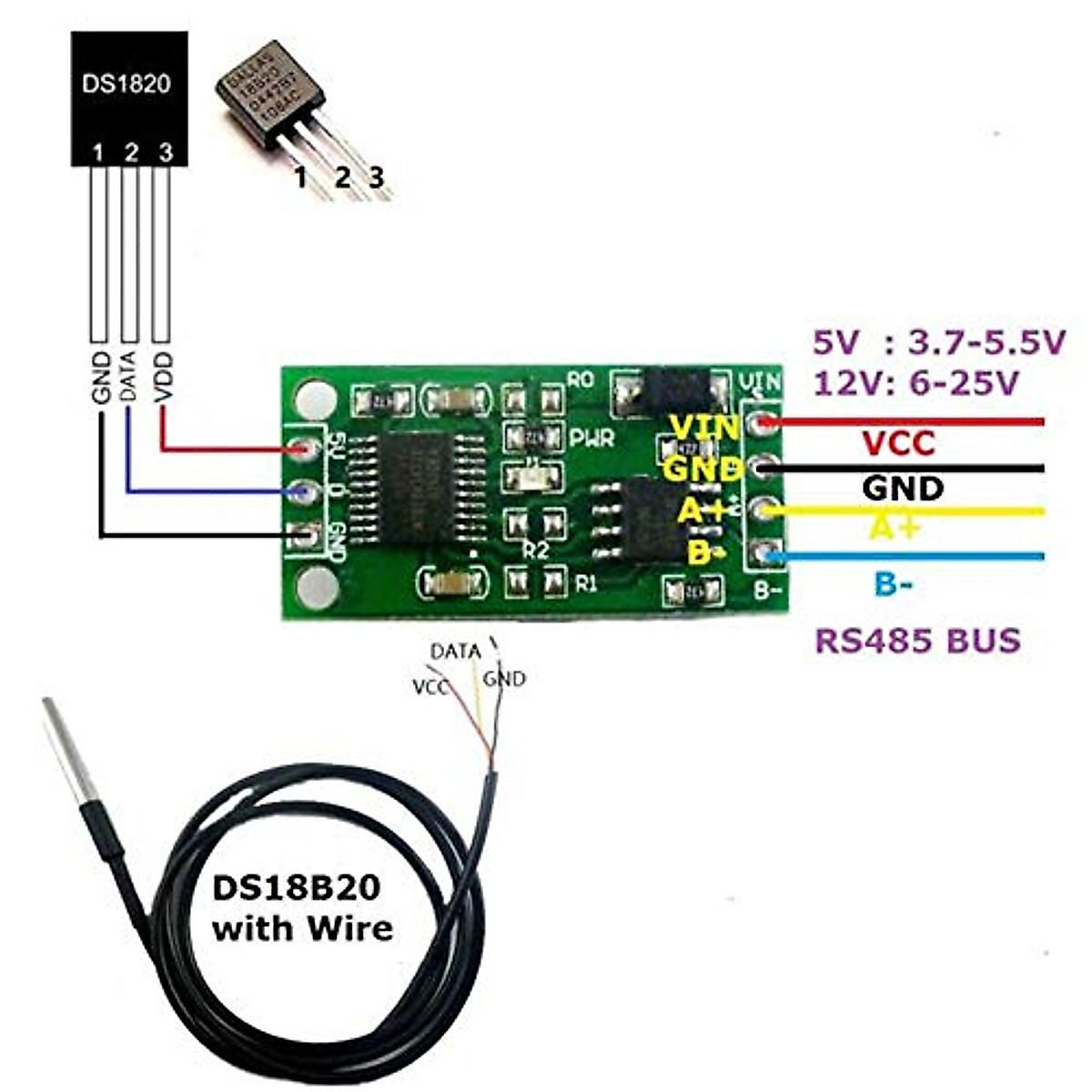 RS485 TTL DS18B20 Temperature Sensor Module Programmable Remote Control PLC RTU Serial Port Remote Acquisition Module (5V TTL with sensor)