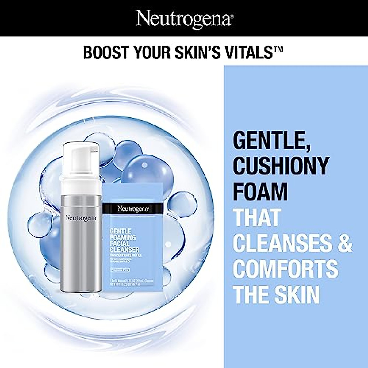 Neutrogena Reusable Gentle Foaming Facial Cleanser Starter Kit, Fragrance-Free Face Wash Concentrate is Gentle Enough for Sensitive Skin, 1 Reusable Pump Bottle & 1 Refill Pack, 7.5 fl. oz