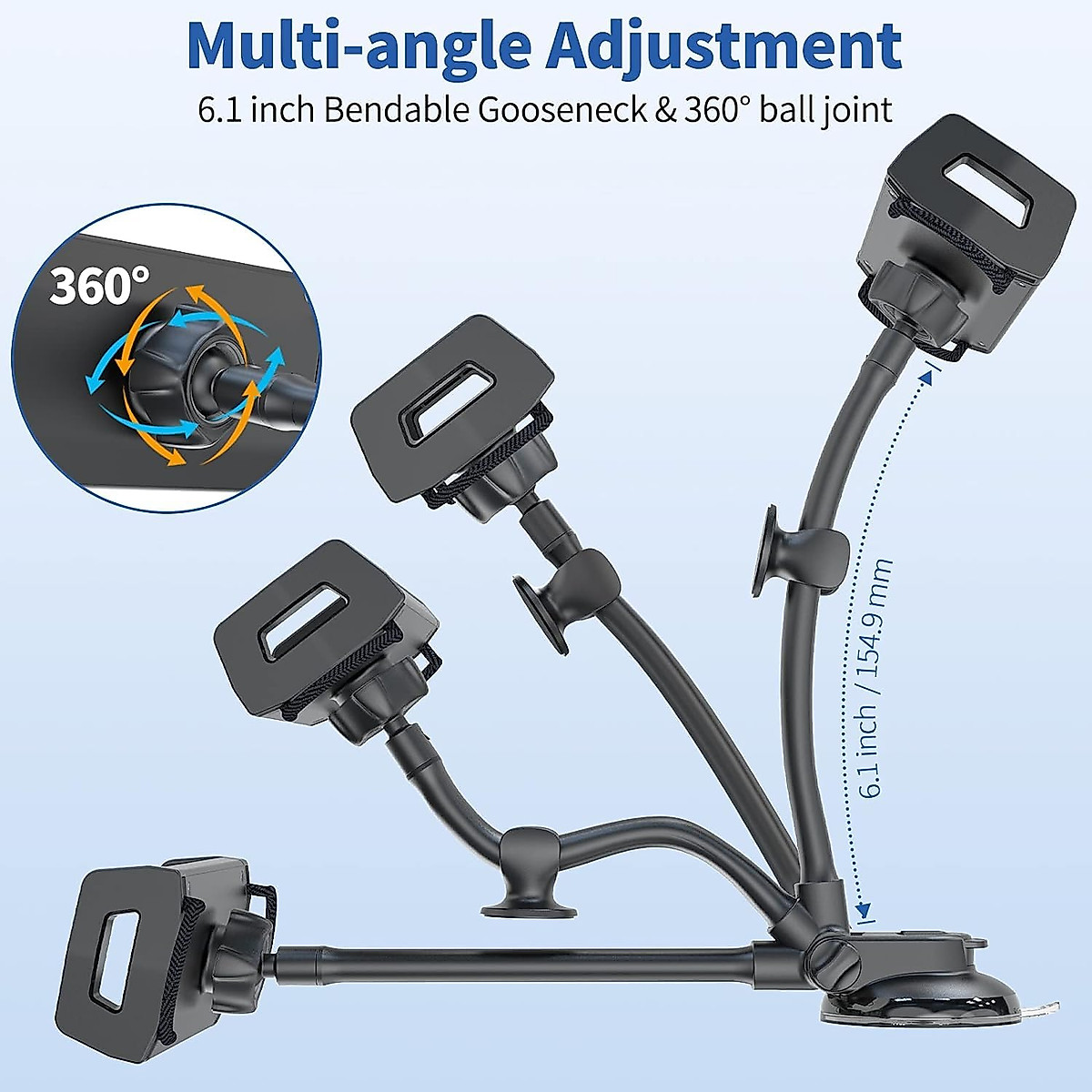 OQTIQ Tablet Holder for Car Dashboard Windshield Car Tablet Mount for Truck Strong Suction Cup Flexible Gooseneck Compatible with iPad Pro, Air, Mini, Galaxy, Fire, 4.7-13" Tablets, and 4-7" Phones