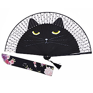 Amajiji Women Lovely Black Cat Folding Silk Fan Handheld Fan for Wedding, Dancing, Church, Party, Gifts (Black)