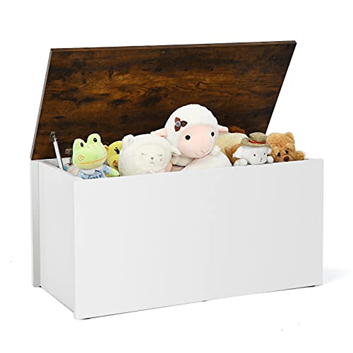Costzon Kids Toy Box Storage Chest, Wooden Children Storage Bench Ottoman Trunk w/Flip-top Lid, 35.5” Wide Toddler Cabinet Organizer w/Pneumatic Rod for Kids Play Room Nursery (Rustic Brown + White)