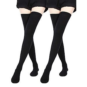 SATINIOR Extra Long Socks Thigh High Cotton Socks Extra Long Knee Boot Stockings for Women (Black)