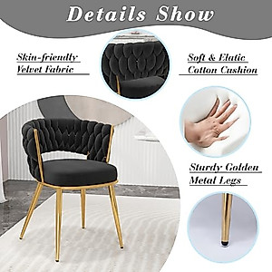 KCC Modern Velvet Dining Chairs Set of 2, Upholstered Living Room Chair with Woven Back and Golden Metal Legs, Mid-Century Accent Side Chair for Living Room, Dining Room, Kitchen, Black