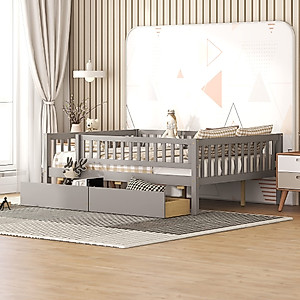 Polibi Full Size Daybed,Wood Full Day Bed Frames with Two Drawers and Safety Guardrails for Bedroom Living Room Kids Adults, Gray