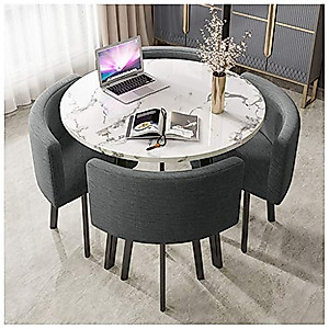 Cjiaxin Round Home Living Room Dining Table 90cm Marble Round Table Simple Office Leisure Table Retro Metal Legs 4 Cotton and Linen Seats Business Hotel Office Reception Room Coffee Shop Dessert Shop