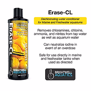 Brightwell Aquatics Erase-Cl - Water Conditioner Removes Chlorine, Chloramines & Ammonia in All Marine and Freshwater Aquariums 500-ml