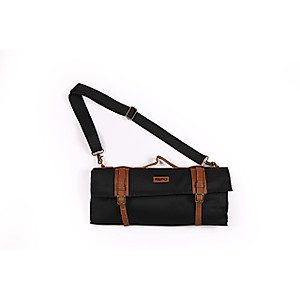 FAFOKitchen-Knife Roll - 12oz Heavy Duty Waxed Canvas & Top Grain Leather Roll Bag – 10 Slots - Interior and Rear Zippered Pockets – Carry Strap