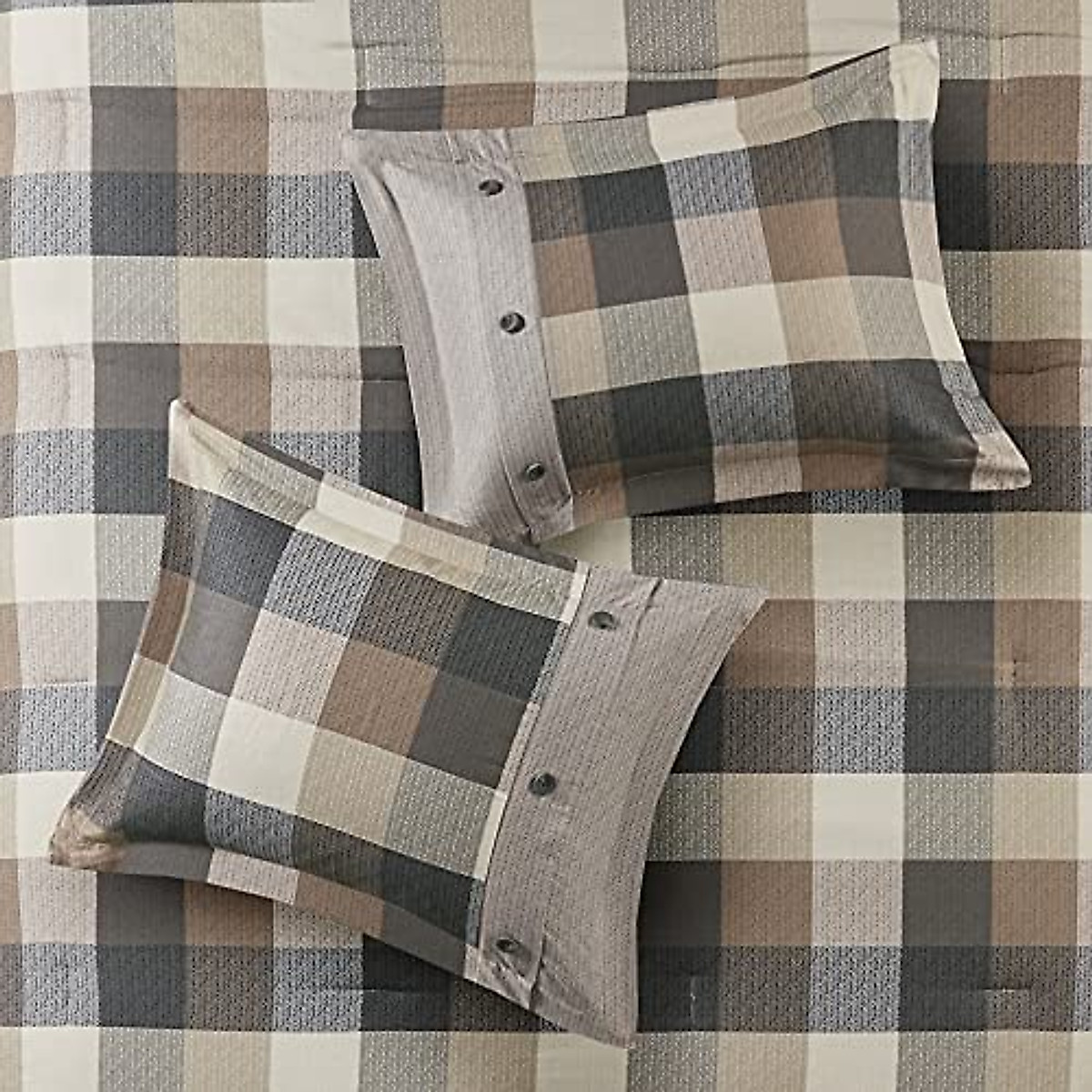 Madison Park Ridge Comforter Set-Cabin Lodge Plaid Herringbone Design All Season Down Alternative Cozy Bedding with Matching Bedskirt, Shams, Decorative Pillow, Queen(90"x90"), Neutral 7 Piece