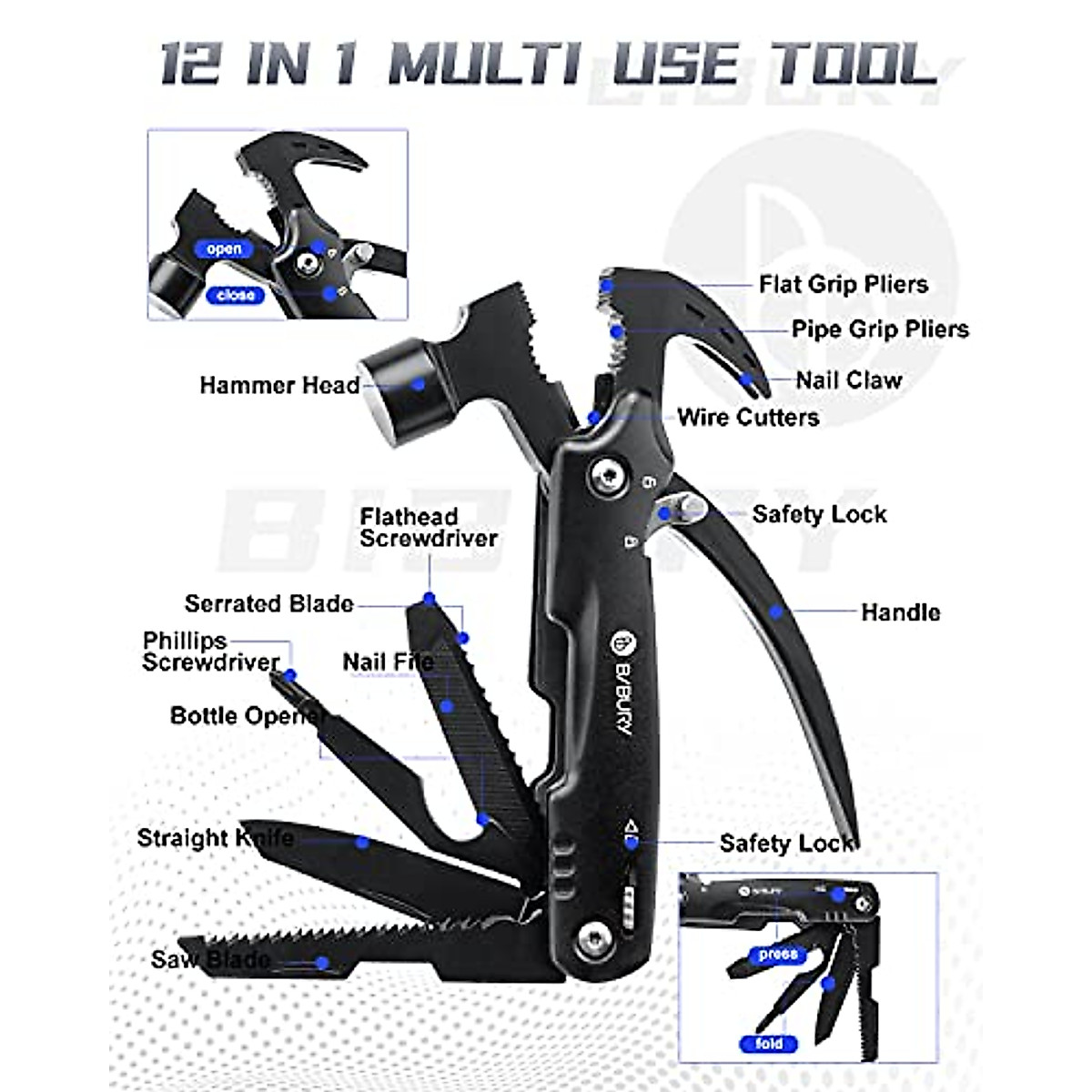 BIBURY Hammer Multitool Camping Tool, 12 in 1 Survival Gear Outdoor Multi Tool with Safety Lock, Cool Gadgets Survival Multi-Tool for Outdoor, Camping, Hiking, Christmas Present Stocking Stuffers