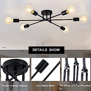 BrkNit 6-Light Sputnik Chandeliers, Black Modern Semi Flush Mount Ceiling Light with E26 Base, Mid Century Industrial Vintage Kitchen Farmhouse Light Fixtures for Dining Room Bedroom Living Room