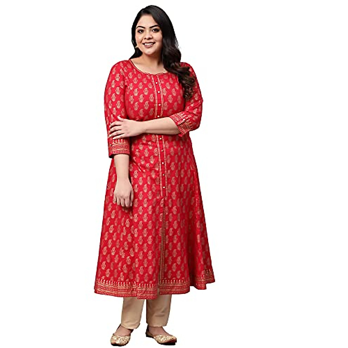 Yash Gallery Plus Size Cotton Gold Printed Anarkali Kurtis for Women (Red)