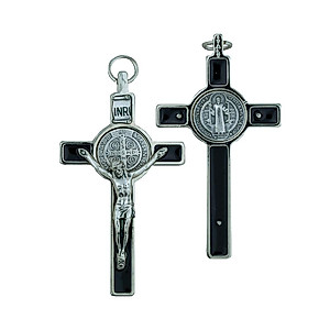 St. Benedict Crucifix with Round St. Benedict Medal Inlay | 3" Silver-Tone and Black Enamel Cross with Cord and Booklet | Patron Saint of Students and Europe | Made in Italy