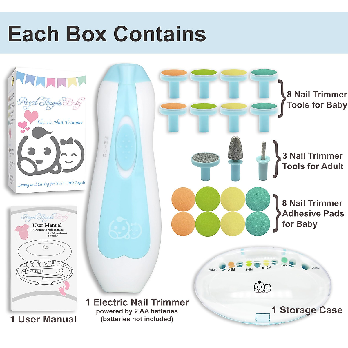 Royal Angels Baby Nail File 21 in 1, Safe Electric Baby Nail Buffer, Extra 13 Replacement Tools, Baby Nail Kit, Baby Nail Trimmer, Newborn Toddler Toes and Fingernails Clipper, Trim and Polish (Blue)