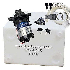 Class A Customs | 10 Gallon RV Concession Fresh Water Tank with Plumbing Kit & 12 Volt Water Pump | T-1000-BPK-PUMP