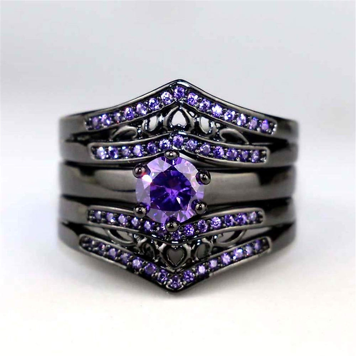 Two Rings His Hers Wedding Ring Sets Couples Matching Rings Women's 2pc Black Gold Filled Amethyst CZ Wedding Engagement Ring Bridal Sets Men's Titanium Wedding Band