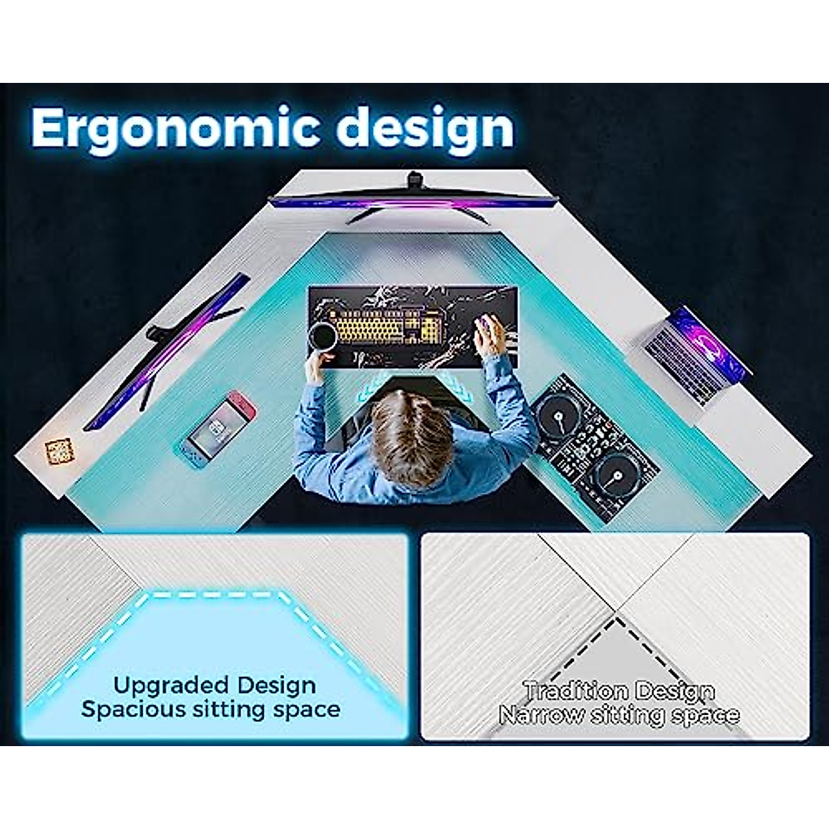 Coleshome L Shaped Gaming Desk with LED Lights & Power Outlets, Reversible 56" Computer Desk with Full Monitor Stand & Storage Shelves, Ergonomic Home Office Corner Desk, White