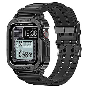 amBand Bands Case Compatible with Apple Watch 45mm, Moving Fortress Rugged Metal Bumper Men Tactical TPU Military Strap Protective Cover Accessories Compatible for iWatch 45 mm Series 9/8/7 Black