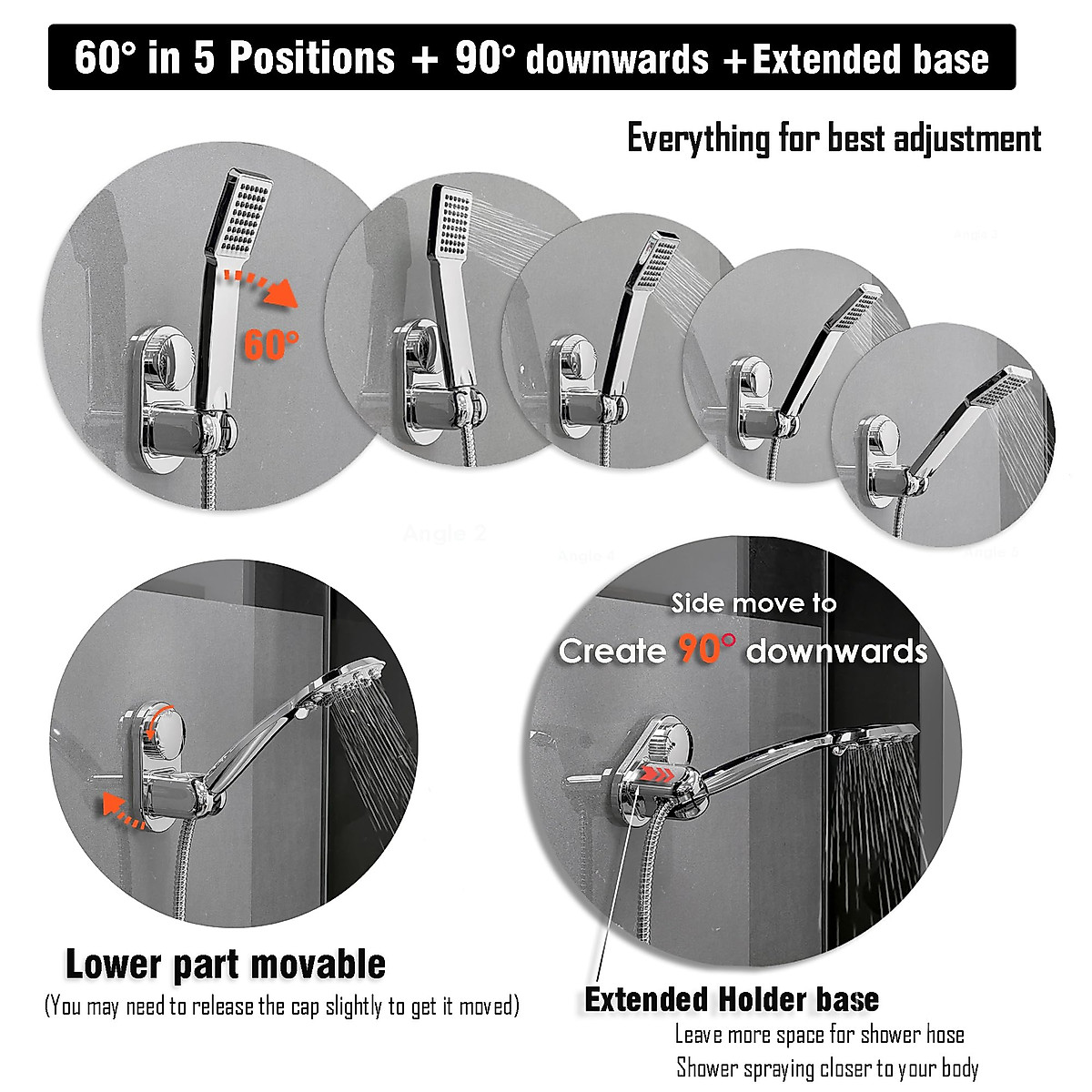 Wall Mount Handheld Shower Head Holder - 5 Positions Adjustable + 90° downwards - Large Shower Sprayer Fits - Suction Assisted Adhesive - Wide Slot - No Drill Installation - All Chrome Finish