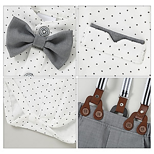 SOLOYEE Baby Boy Clothes Suits 6-9 Months Baby Boys Formal Wedding Outfits Long Sleeve Dress Shirt + Suspender Pants + Bowtie + Beret Gentleman Clothing Set (Grey, 6-9 Months)