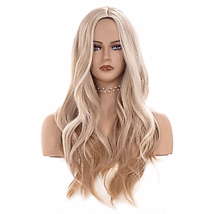 Gerulyss 26 Inches Light Wigs for Women Long Wavy Middle Part Wig Natural looking Synthetic Fluffy Hair for Cosplay,Halloween,Daily Use (Blonde)