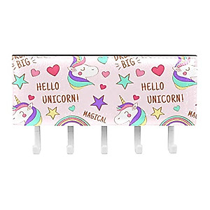 Pink Magical Unicorn Pattern Rack Organizer with 5 Hooks Wall Bathroom Kitchen Shelf Rack Multifunctional Storage Shelf