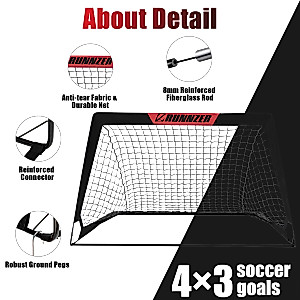 L RUNNZER Kids Soccer Goals Set of 2, Soccer Nets for Backyard Practice or Indoor Games, Easy Assembly and Storage with Carry Case,4ft*3ft,2 Set Black