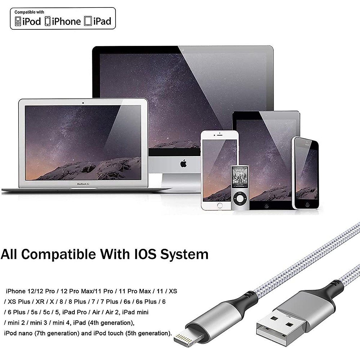 iPhone Charger 20FT/6M [Apple MFi Certified] Lightning Cable Extra Long iPhone Charging Cord Nylon Braided Fast Apple Charger Cable 2.4A for iPhone 12 11 Pro X XS Max XR/8 Plus/7 Plus/6/6s Plus-Silver