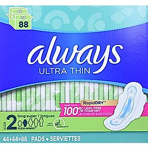 Always Ultra Thin Feminine Pads with Wings, Long/Super, Unscented, 88 Count