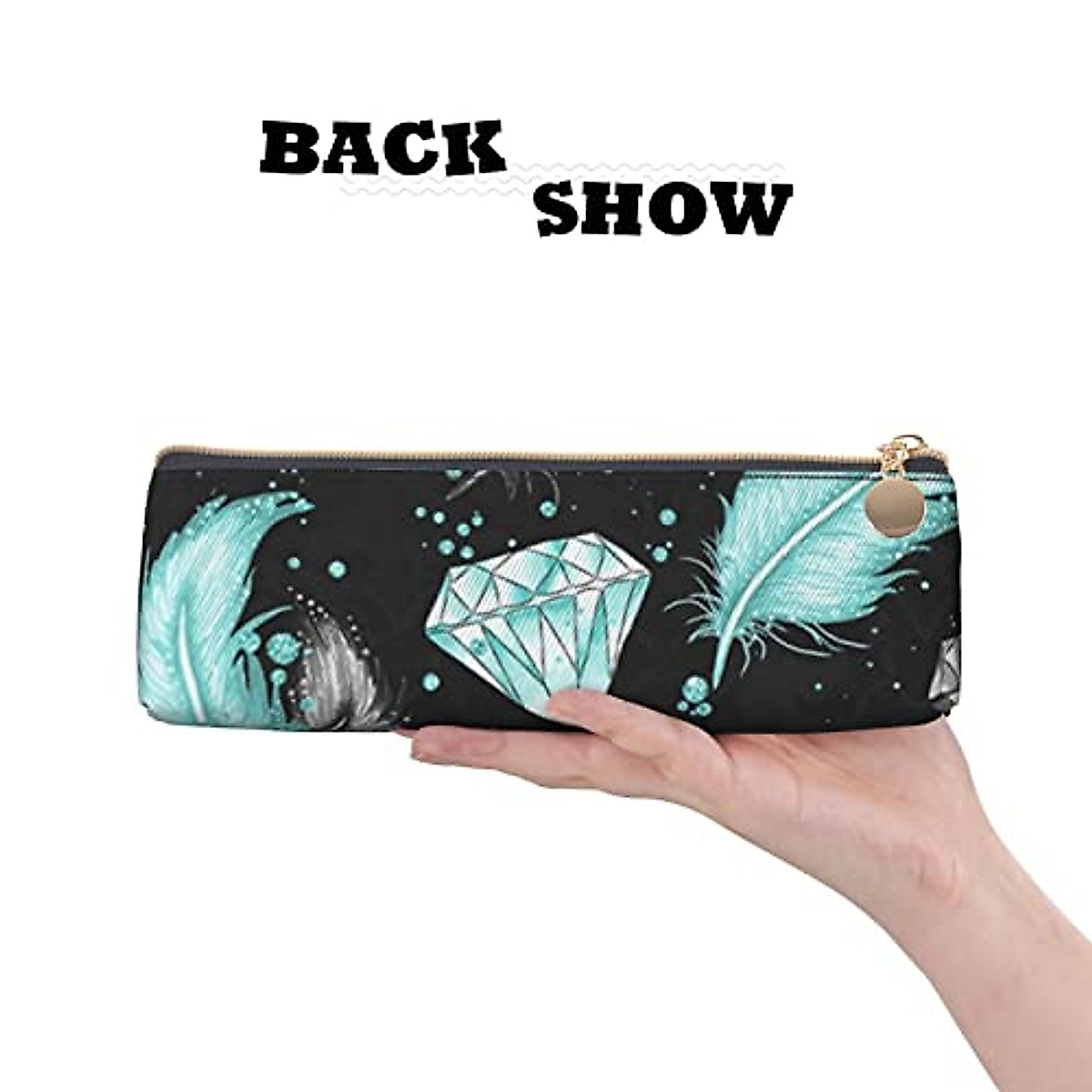 Pearls Diamonds And Feathers Pencil Case Portable Pen Pouch With Zipper Leather Pencil Bag Storage Box Stationery Organizer For Office Work