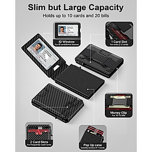 typecase Mens Wallet Card Holder: Pop Up Card Case, Genuine Leather, RFID Blocking, Smart, Slim, Minimalist, Thin - 13 Card Capacitiy, ID Window, Cash Strap (Carbon Fiber)