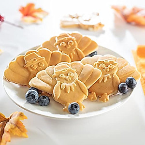 Thanksgiving Turkey Mini Waffle Maker - Make Holiday Breakfast Special for Kids & Adults w/ Cute Design, 4" Waffler Iron Electric Nonstick Appliance - Fun & Festive, Fall Gift, Recipes Included