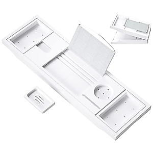 Artmalle Luxury Bathtub Caddy Tray - Bamboo Expandable Bath Tray for Tub with Book Stand, Foldable Bath Table Tray, Tub Shelf for Bathtub for Adults, Home Spa and Gift Choice, White