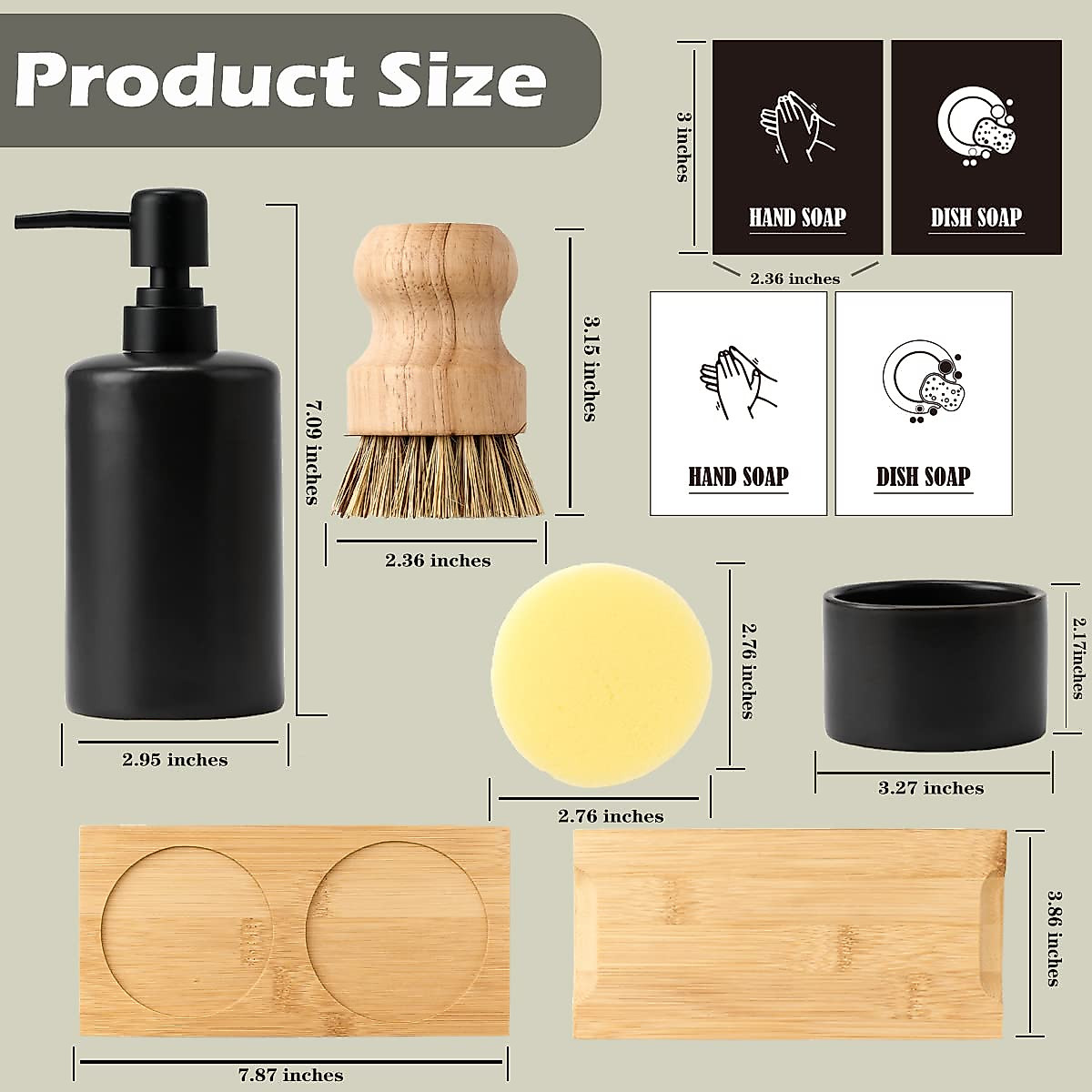 GIRLUFO Black Kitchen Soap Dispenser Set,4Pcs Dish Soap Dispenser Kitchen with Bamboo Tray and Natural Dish Brush,Modern Ceramic Hand and Dish Soap Dispenser Set,13 oz Liquid Soap Dispenser with Pump