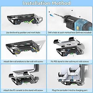 PS5 Wall Mount Kit with 3-level Cooling Fan and Dual Charging Station, PS5 Shelf Mount Compatible with Playstation 5 Disc & Digital, PS5 Cooling Station for PS5 Accessories with Headset Holder