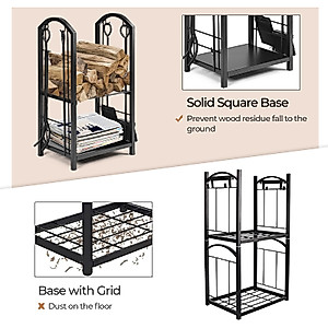 Tangkula Firewood Rack with 4 Fireplace Tools, Firewood Rack Bin Log Holder with Fire place Assecories Tools Set Includes Brush, Shovel, Poker, and Tongs(17.5 x 12 x 29.5 inches)