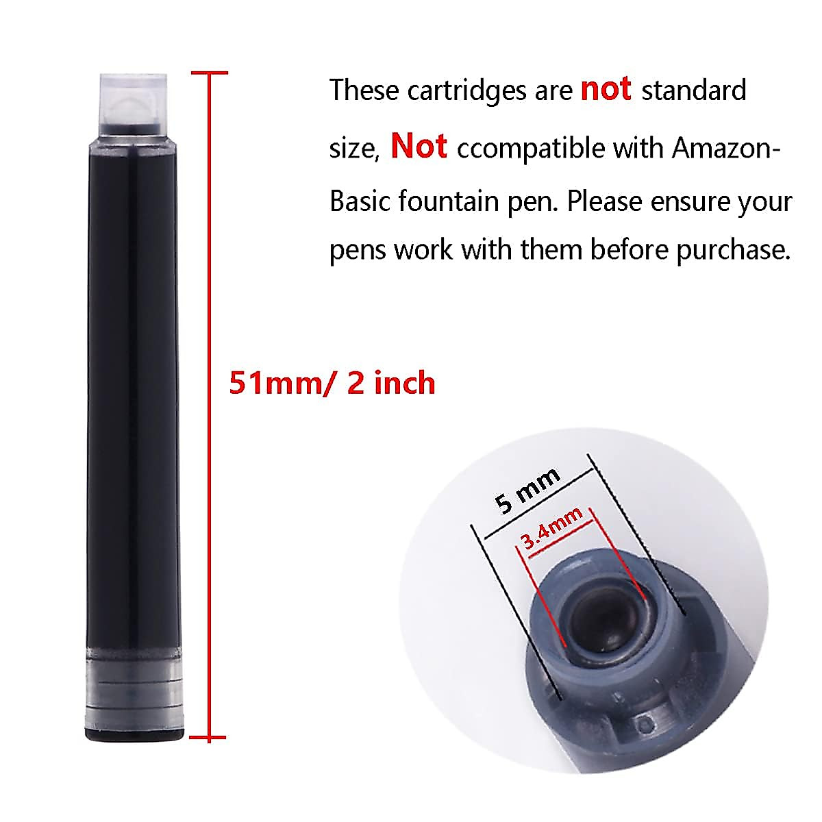 Asvine Fountain Pen Ink Cartridges Black Color, Set of 30 Refill Ink Cartridges, 3.4 mm Bore Diameter