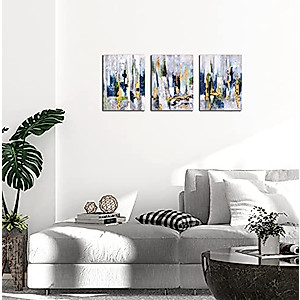 Yuegit Blue Abstract Canvas Wall Art for Living Room :3 Piece Wall Art Framed for Bedroom Wall Decor Coastal Abstract Wall Art Ready To Hang 12X16 Inch Each