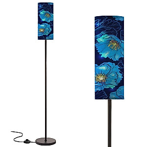 RZNTJHUINA Boho Vintage Standing Lamps Blue Flowers Botanical Farmhouse Minimalist Floor Lamp Metal Pole Lamp with Linen Lampshade for Bedroom Living Room Office Nursery Reading Foot Switch