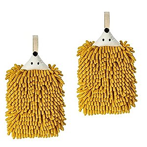 PIAOPIAO 2 Pack Cute Animal Chenille Hand Towels, Fuzzy Ball Hand Towel with Loop, Hanging Hand Towels for Bathroom, Kitchen (Yellow)