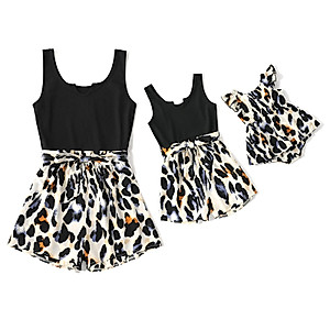 IFFEI Mommy and Me Matching Outfit Solid Splice Print Spaghetti Strap Top Shorts Set Black Womens Large